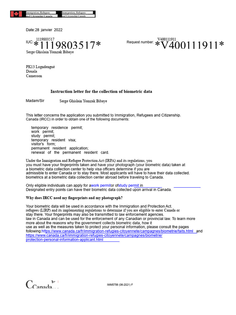 Letter of Biometric Data Collection (Serge Ghislain Yomzak Bibaye ...