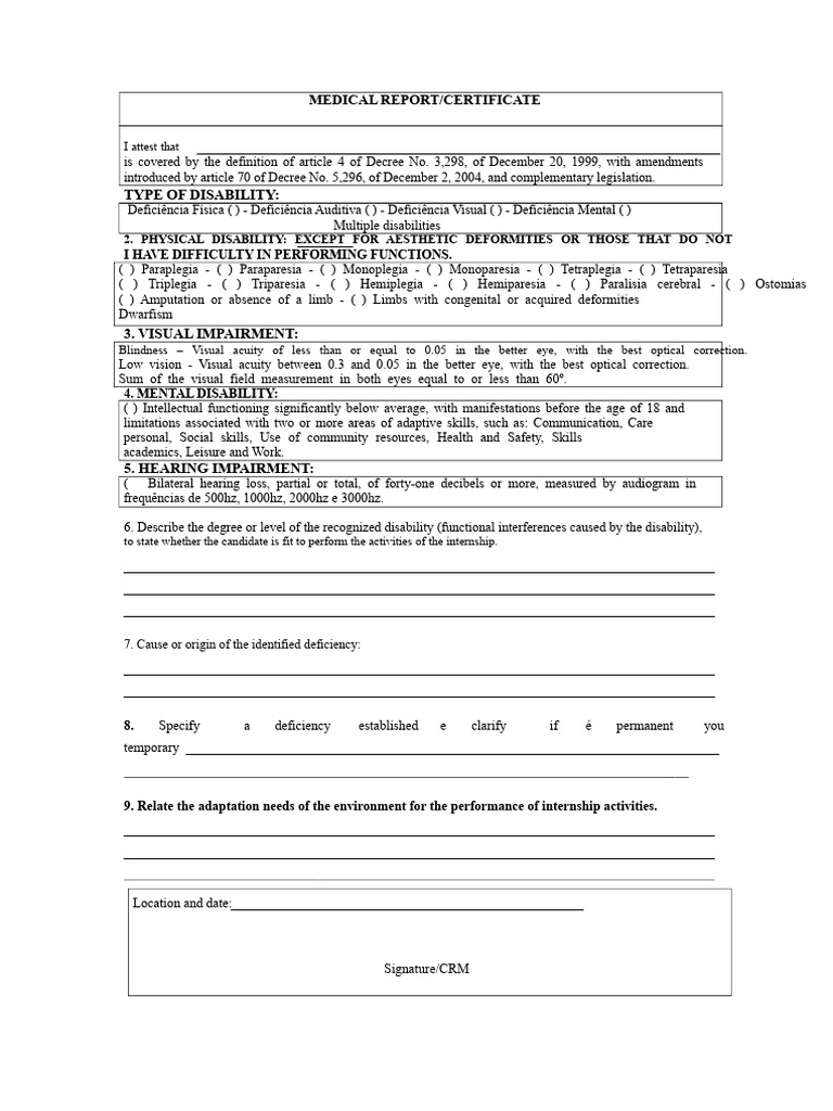 Medical Certificate For People With Disabilities | PDF