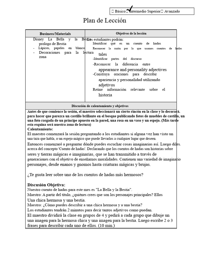 Plan de Lección de Lectura - La Bella y La Bestia | PDF