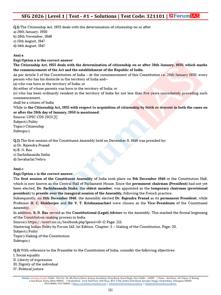 SFG-2026-Level-1-Test-1-Sol_321101-Eng_5445 | PDF | State (Polity ...