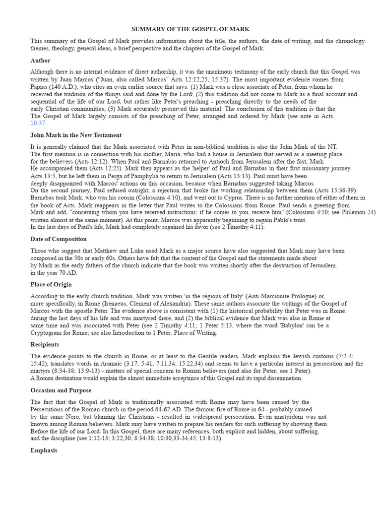 Summary of The Gospel of Mark | PDF | Ministry Of Jesus | Gospel Of Mark