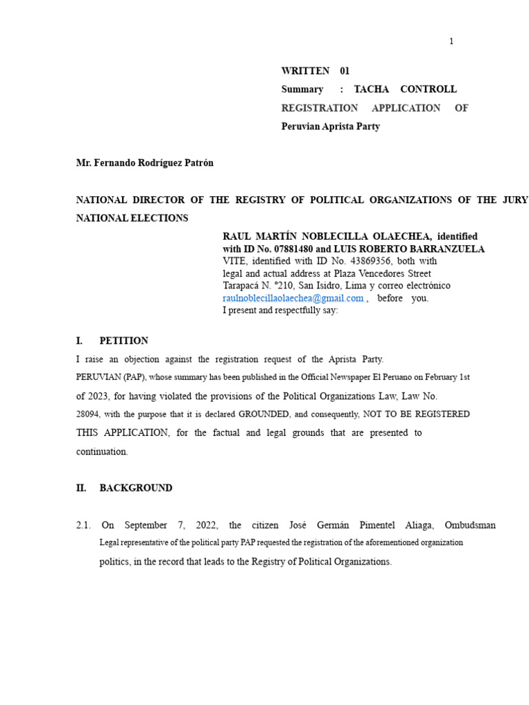 Objection To The Registration Application of The Peruvian Aprista Party ...