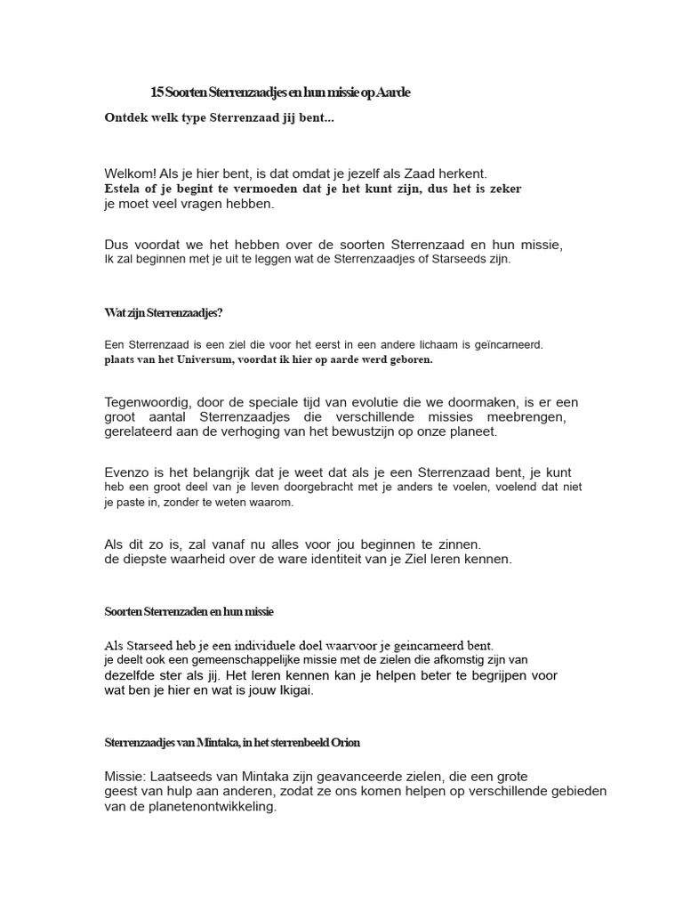 15 Soorten Sterrenzaad en Hun Missie Op Aarde | PDF