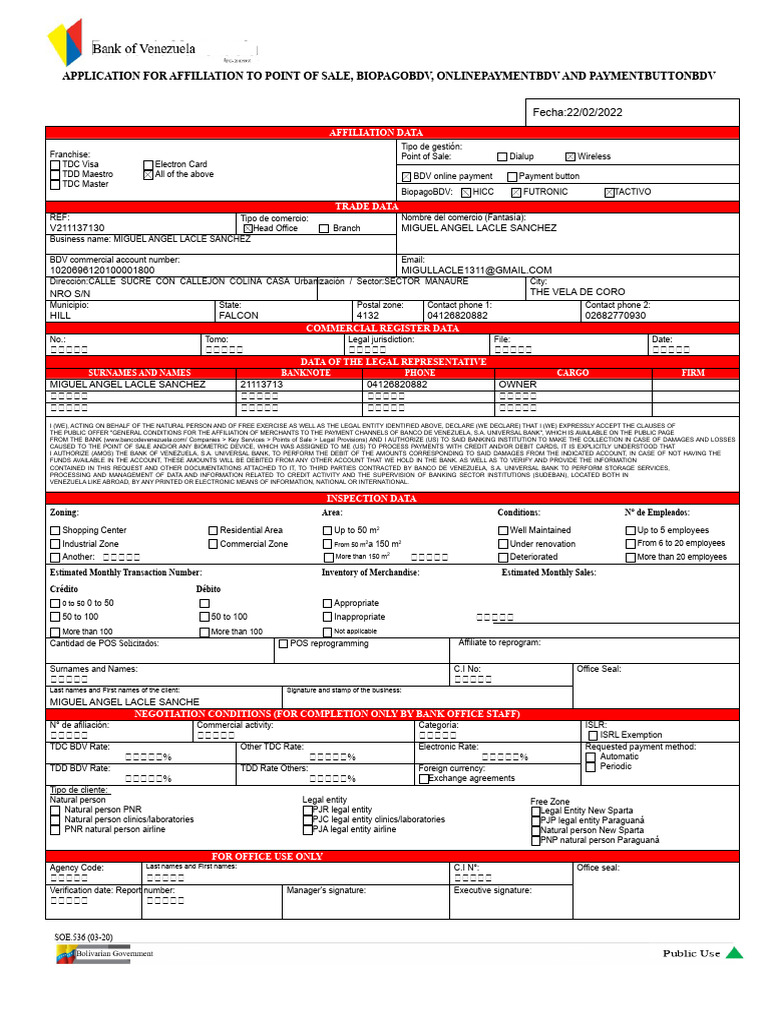 Bank of Venezuela Affiliation Code Form | PDF | Point Of Sale | Banks