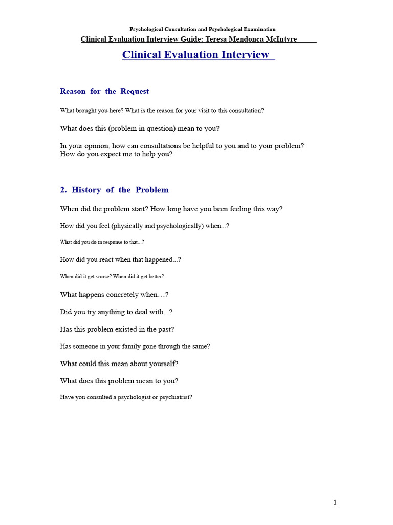Clinical Evaluation Interview Guide | PDF | Psychiatry | Psychological ...
