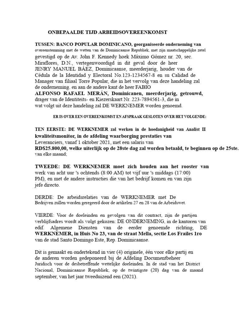 Onbepaalde Tijd Arbeidsovereenkomst | PDF