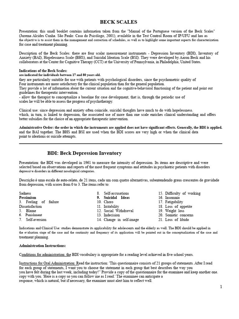 Beck Scales Manual | PDF | Major Depressive Disorder | Anxiety