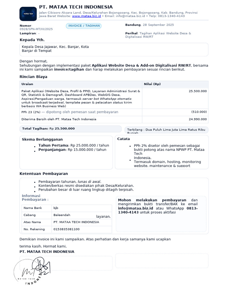 Desa Jajawar Invoice Tagihan Pt. Mataa Tech Indonesia | PDF