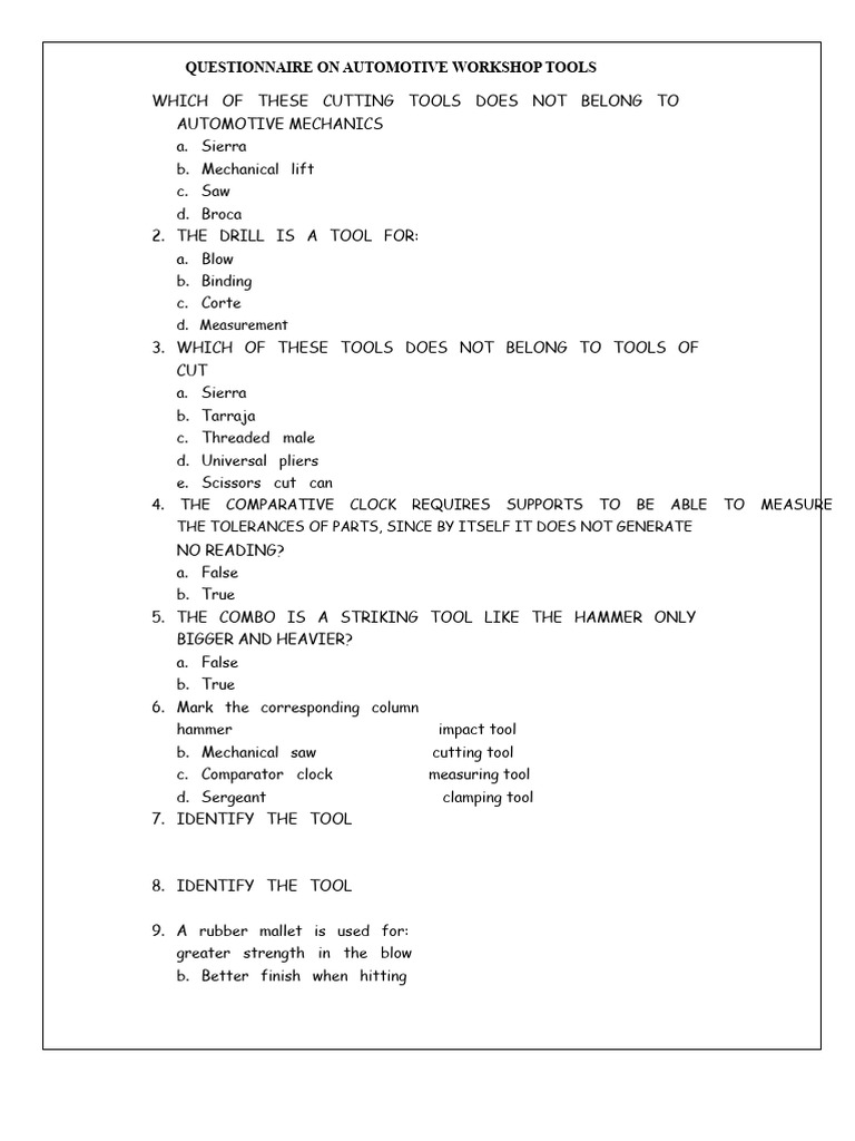 Automotive Workshop Tools Questionnaire Class #1 | PDF