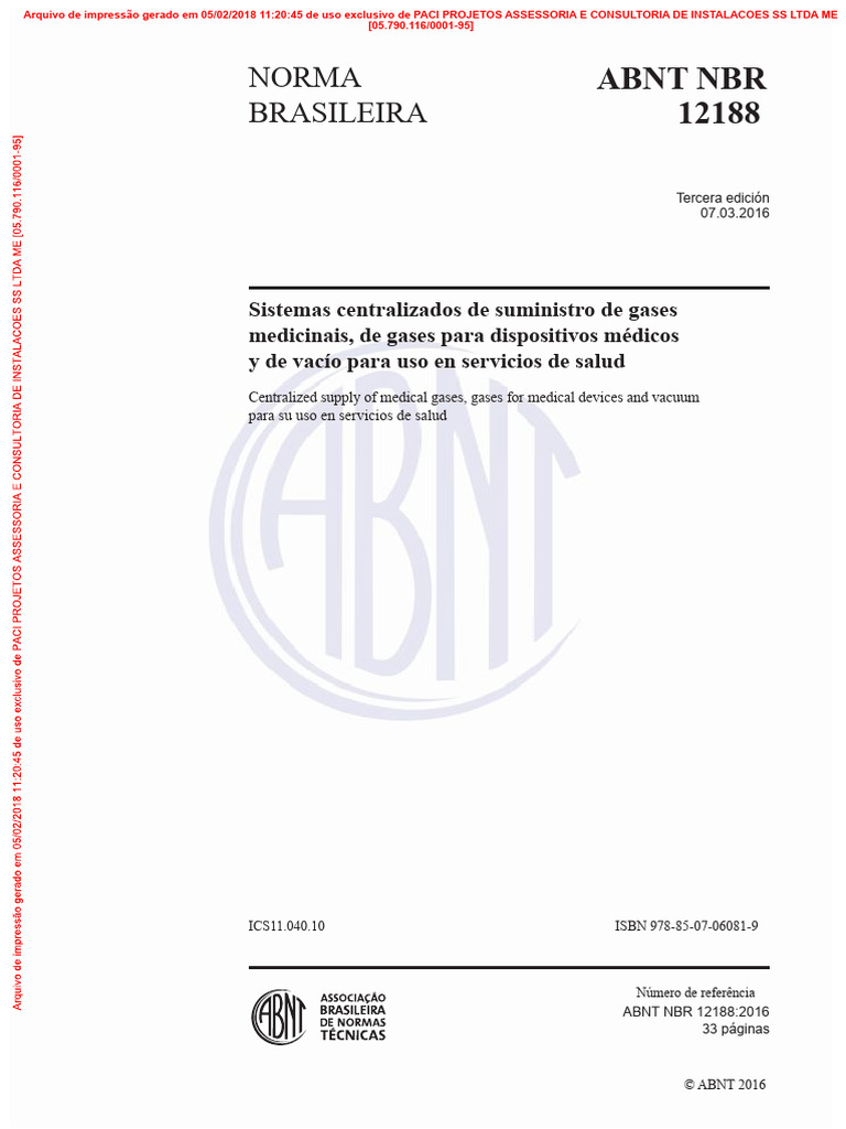 ABNT NBR 12188 - 2016 - Gases Medicinales | PDF | Presión | Oxígeno