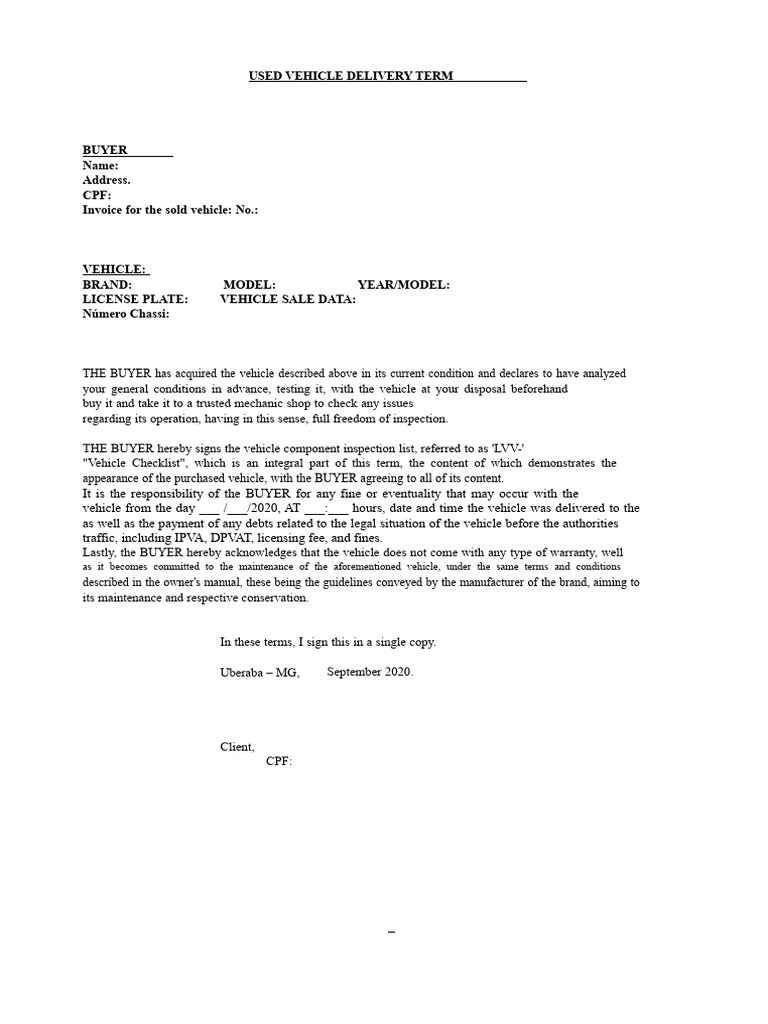 Vehicle Delivery Agreement Without Warranty WITHOUT INDEX | PDF