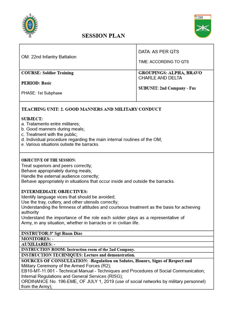 Session Plan - Good Manners and Military Conduct 2021 | PDF | Etiquette ...