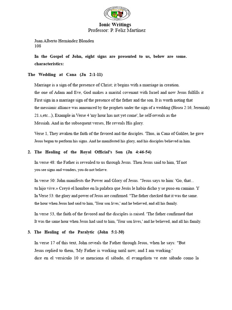 Signs of Jesus in the Gospel of John | PDF | Jesus | Gospel Of John