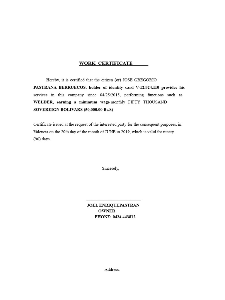 Work Certificate Format | PDF