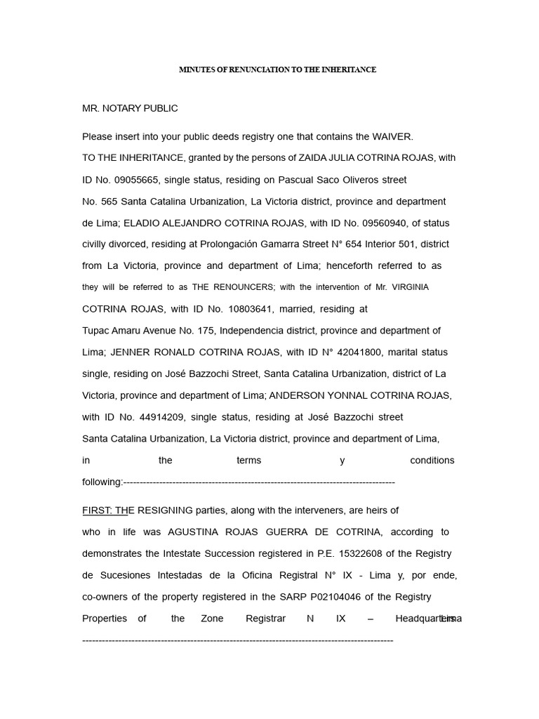 Inheritance Renunciation Minutes Document | PDF | Legal Documents ...