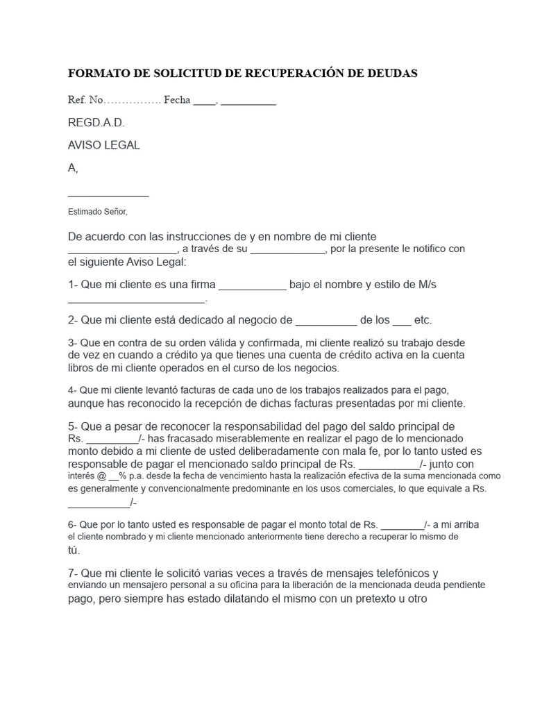 Formato de Solicitud de Recuperación de Deudas | PDF