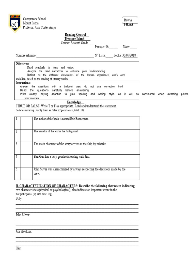 Seventh Grade Treasure Island Reading Control | PDF