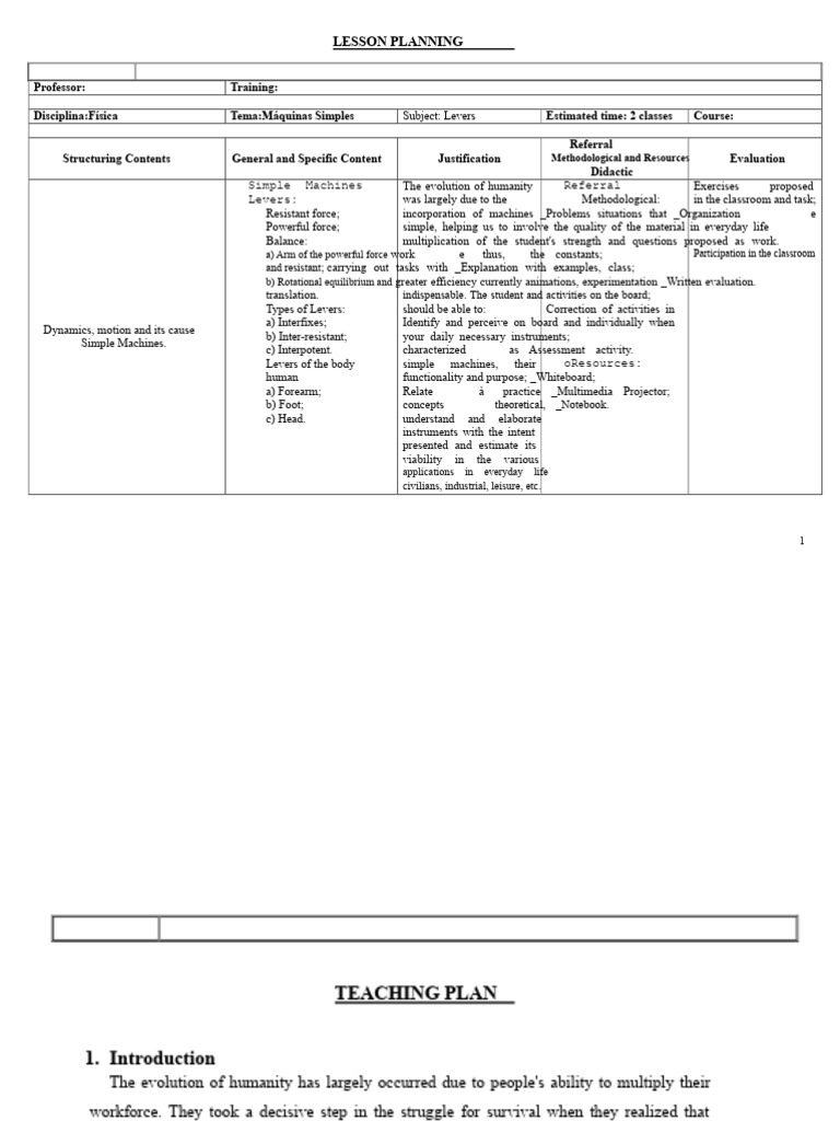 Lesson Planning - Simple Machines - Levers | PDF | Force | Lever