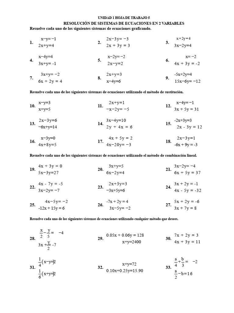 Unidad 1 Hoja de Trabajo 5 Sistemas de Ecuaciones 2 Variables 231028 ...