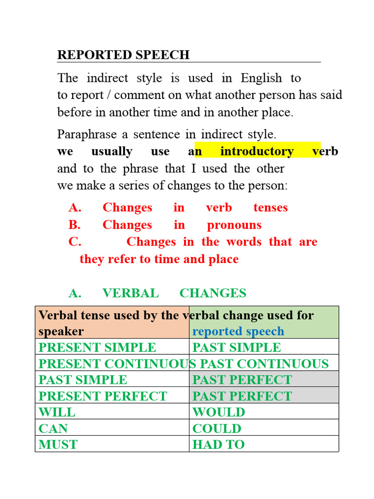 Reported Speech Explanation (Step 1) (2) | PDF | Question | Linguistic ...