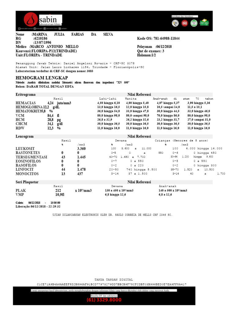 Hasil Pemeriksaan Hemogram dan Urin | PDF
