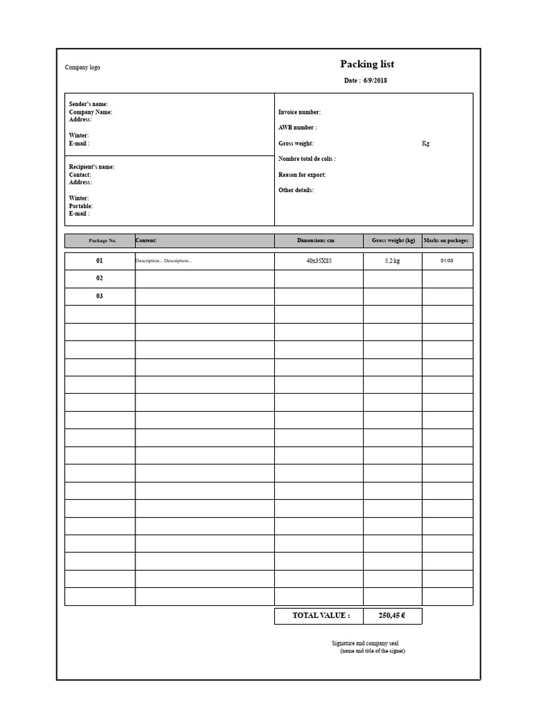 French packing list template | PDF
