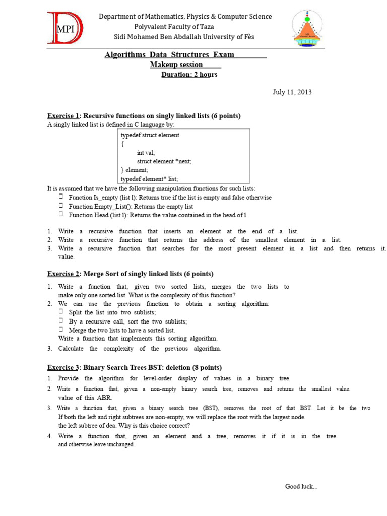 Data Structures Exam | PDF | Algorithms And Data Structures | Computer ...
