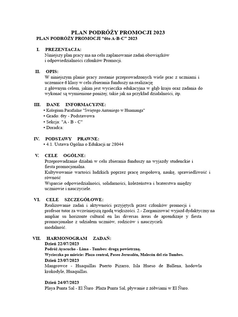 Plan Podróży Promocji 2023 | PDF