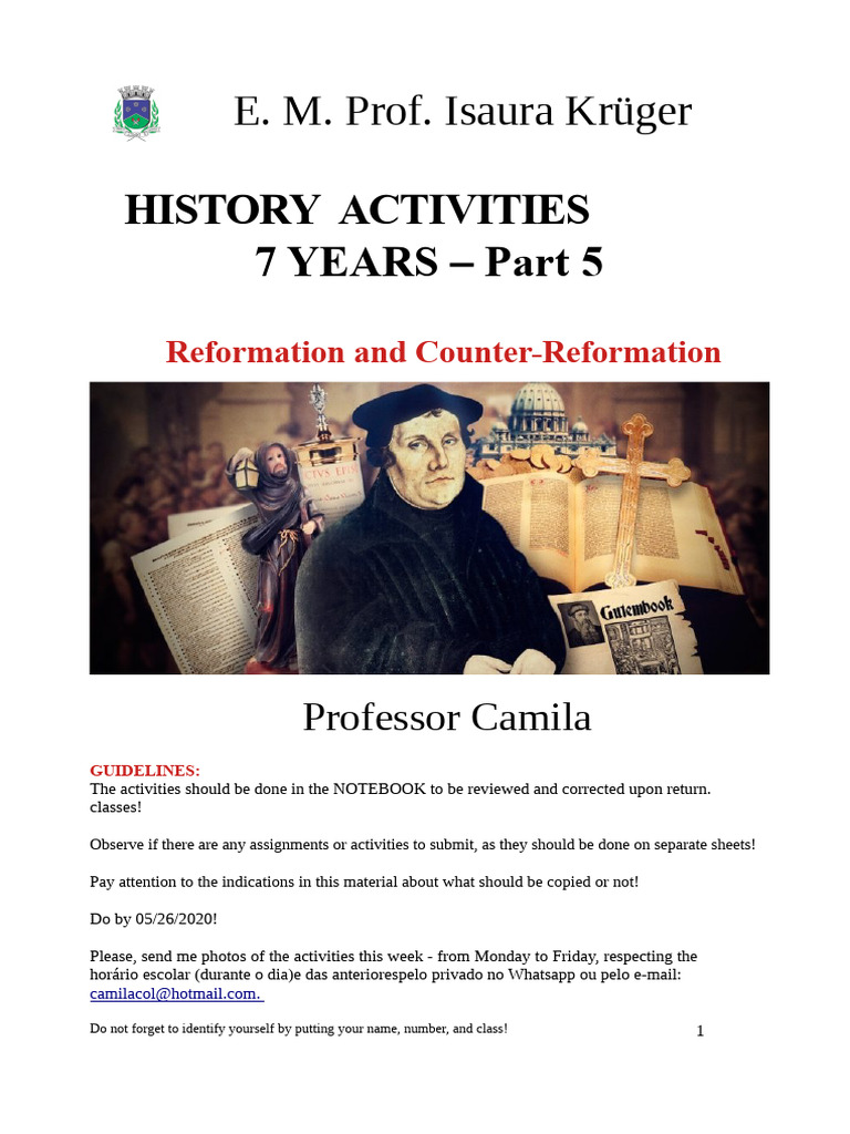 7th Grade Activity History 7th Grade 5 Reform and Counter-Reformation ...