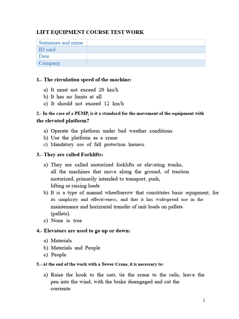 Lifting Equipment Test Course | PDF | Crane (Machine) | Forklift