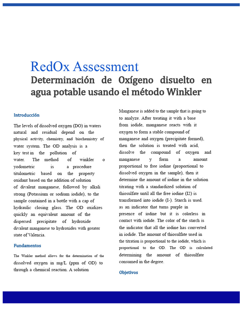 Winkler Method Determination of Dissolved Oxygen in Drinking Water ...