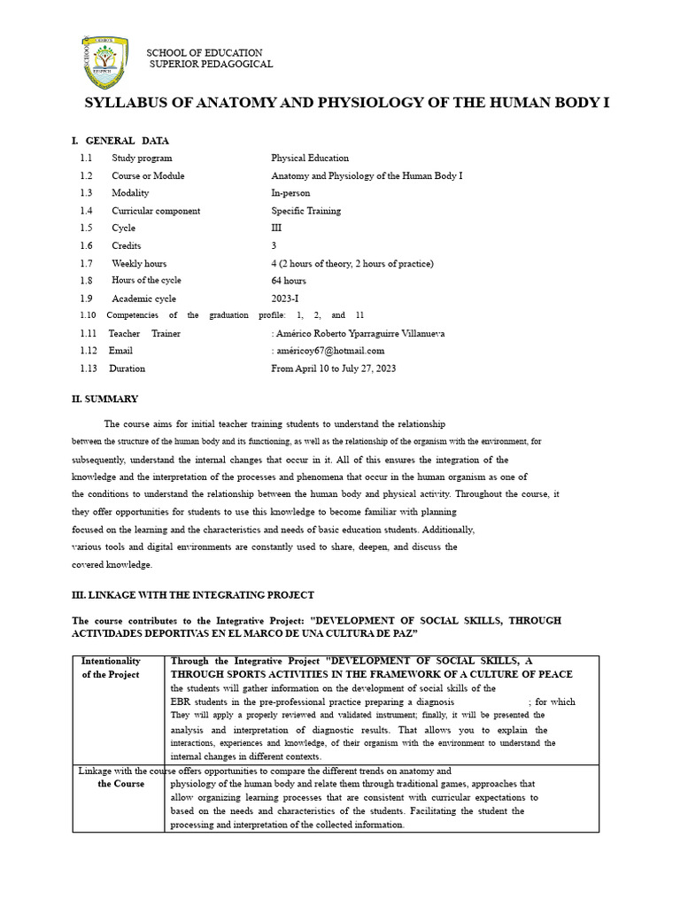 Anatomy and Physiology Syllabus I | PDF | Urinary System | Human Body