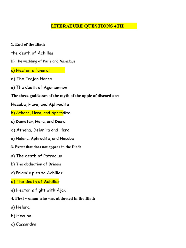 LITERATURE QUESTIONS - LANGUAGE 4TH AND 5TH GRADE.- 1 | PDF | Iliad ...