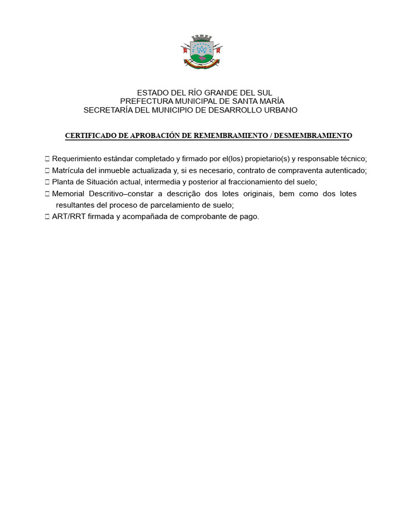 Documentación para Certificación de Remembramiento Y/o Desmembramiento ...