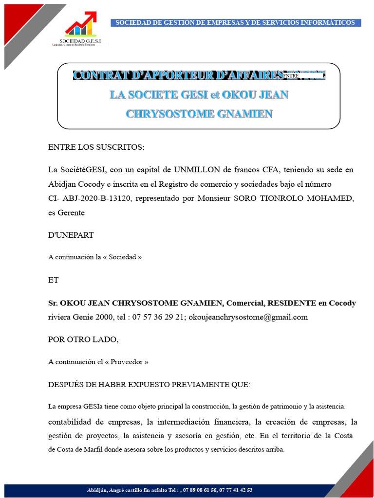 CONTRATO DE INTRODUCCIÓN DE NEGOCIOS GESI Y OKOU Firmado Por Okou | PDF ...