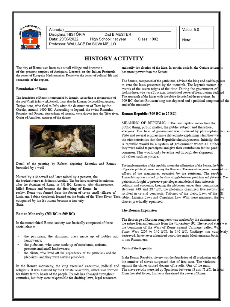 Test 1 Year - 2nd Term - Rome - 1002 | PDF | Ancient Rome | Augustus