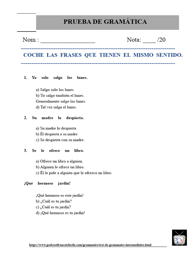 prueba-gramática-fle-a2-b1 | PDF | Lingüística