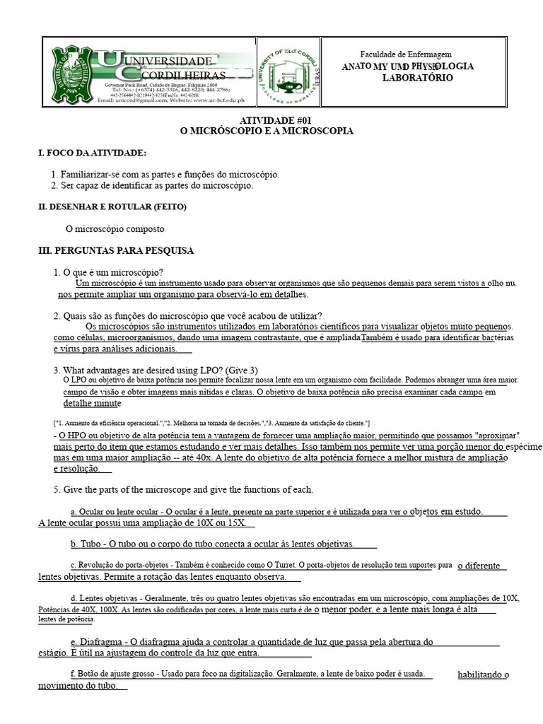 Atividade 01: O Microscópio e a Microscopia | PDF | Radiação ...