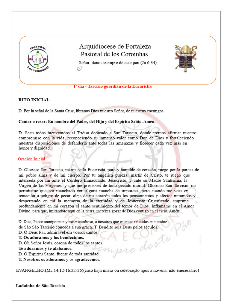 Triduo de San Tarcisio 2021 | PDF | eucaristía | María, madre de Jesús