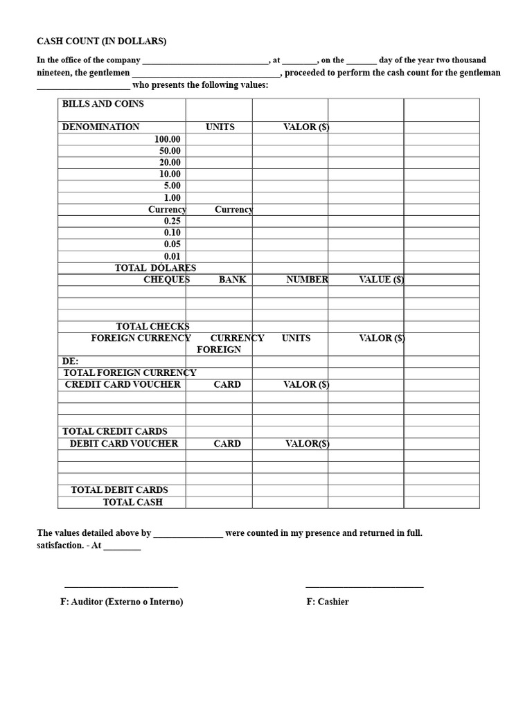 Cash Count Report Template 2019 | PDF