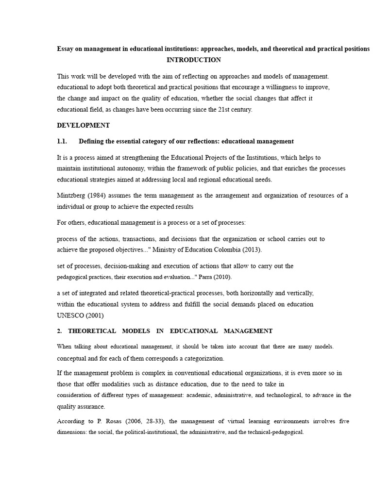 Essay On Management in Educational Institutions | PDF | Cognition