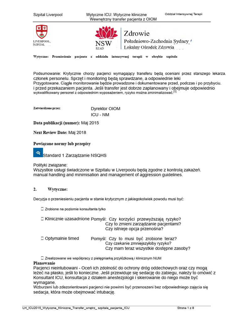 Przenoszenie Pacjentów Z OIOM-u W Obrębie Szpitala W Liverpoolu | PDF