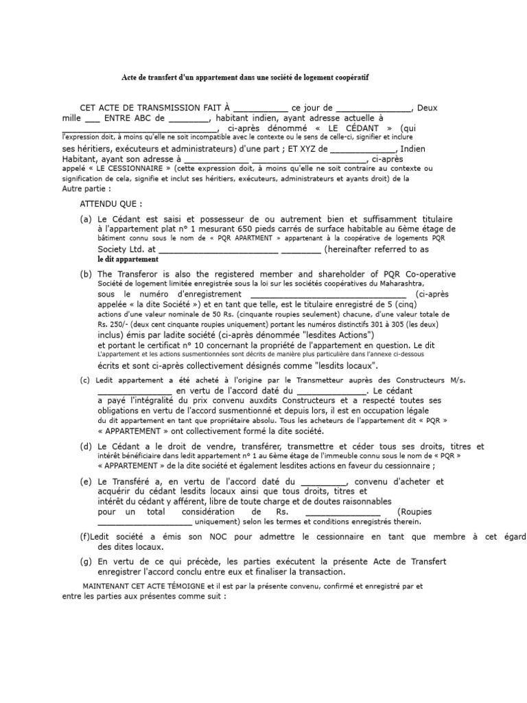 Acte de transfert d'appartement coopératif | PDF
