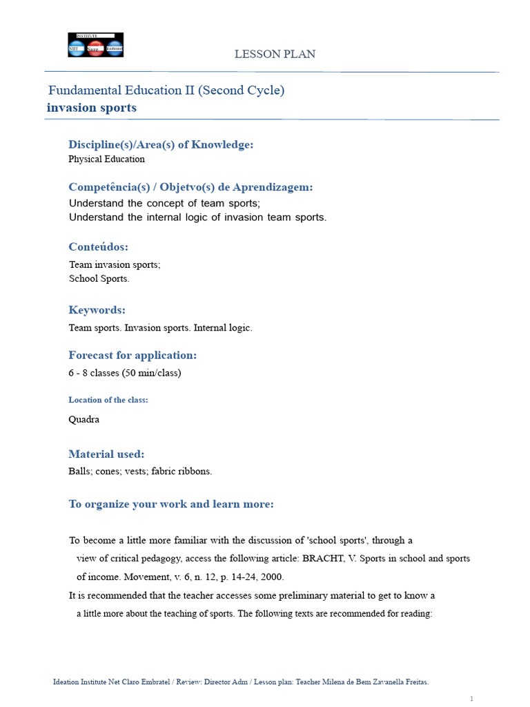Lesson Plan - Invasion Sports | PDF | Information | Pedagogy