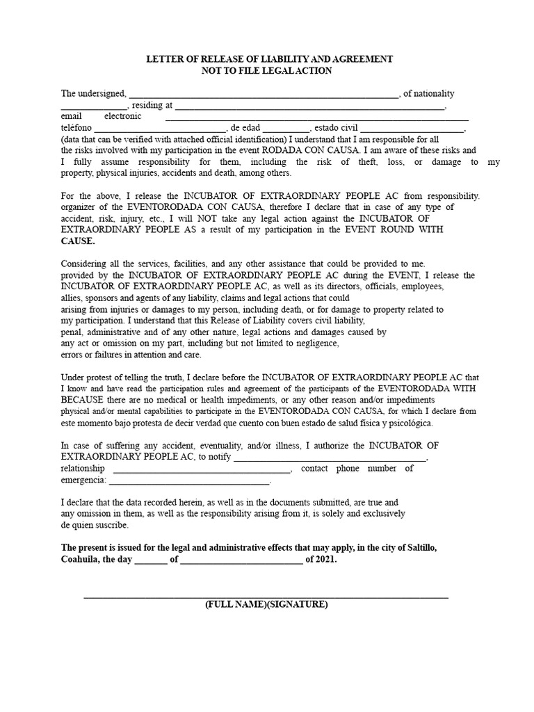 Letter of Release of Liability | PDF | Legal Liability | Private Law
