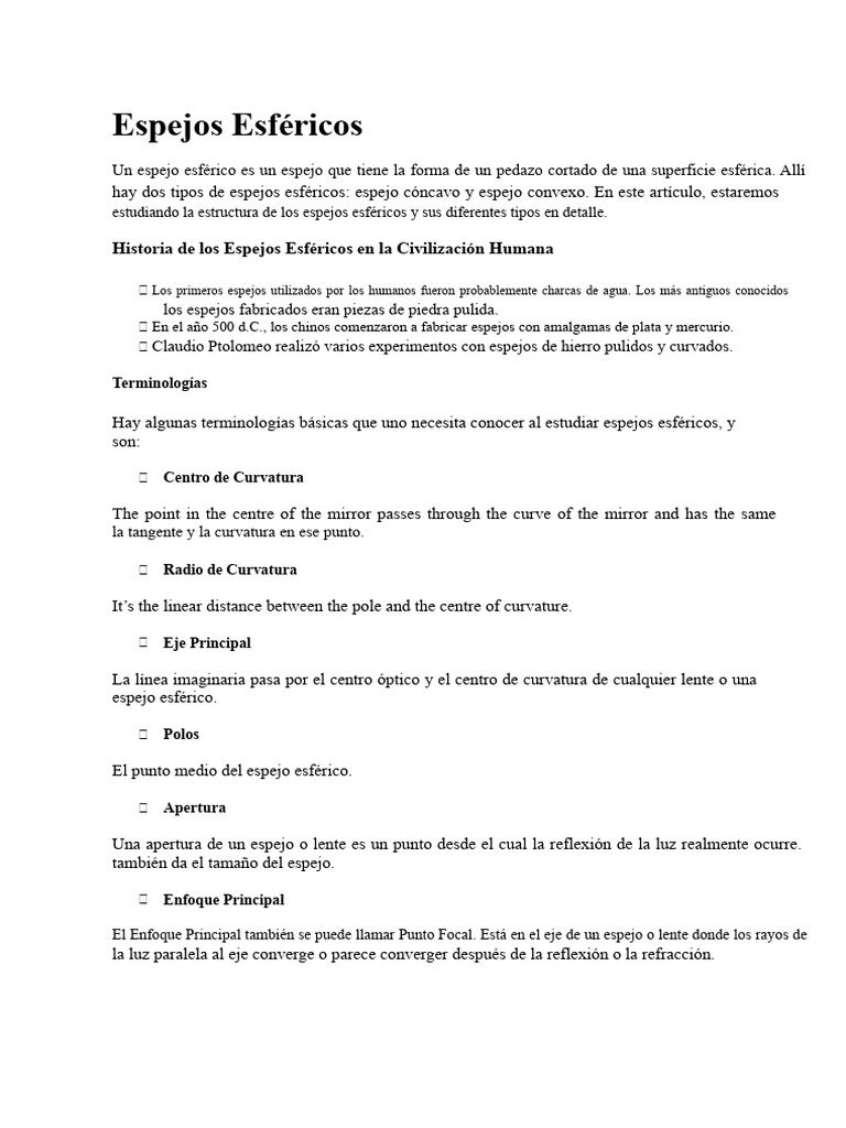 Tipos y Usos de Espejos Esféricos | PDF | Espejo | Ligero