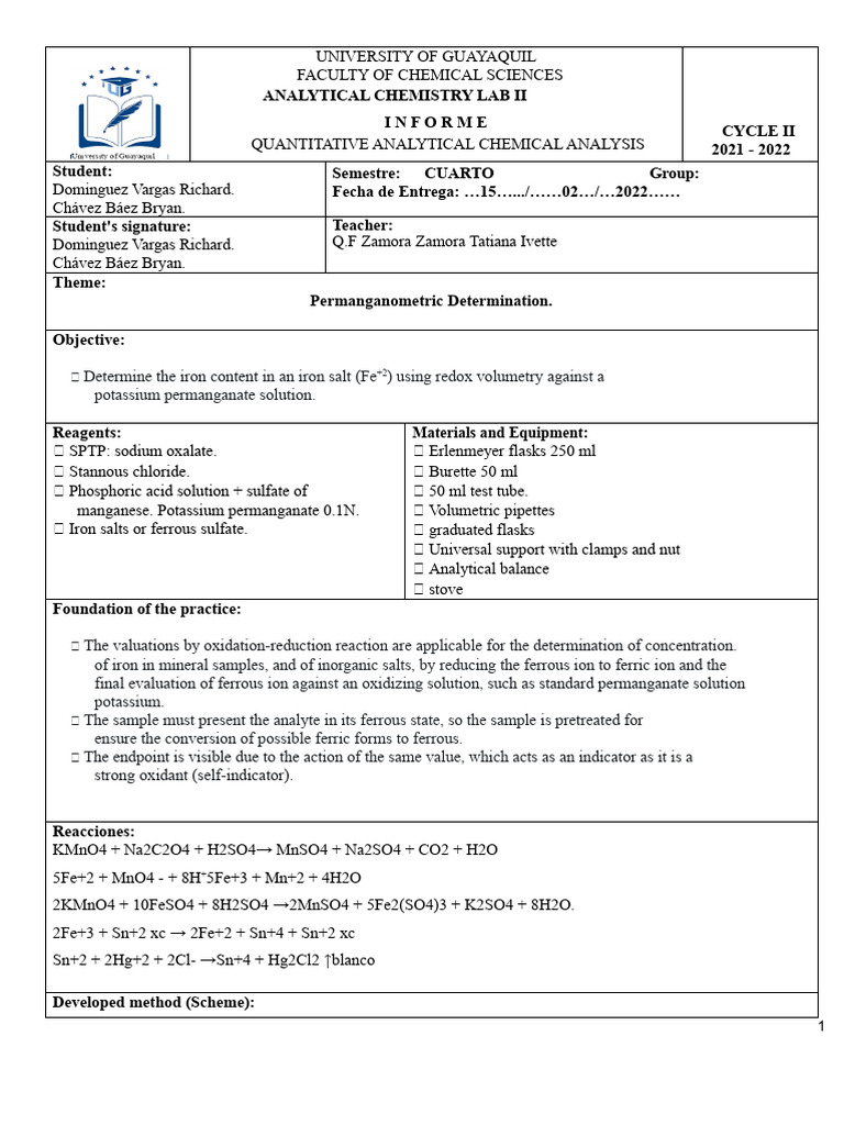 Iron Content Analysis by Permanganometry | PDF | Titration | Chemistry