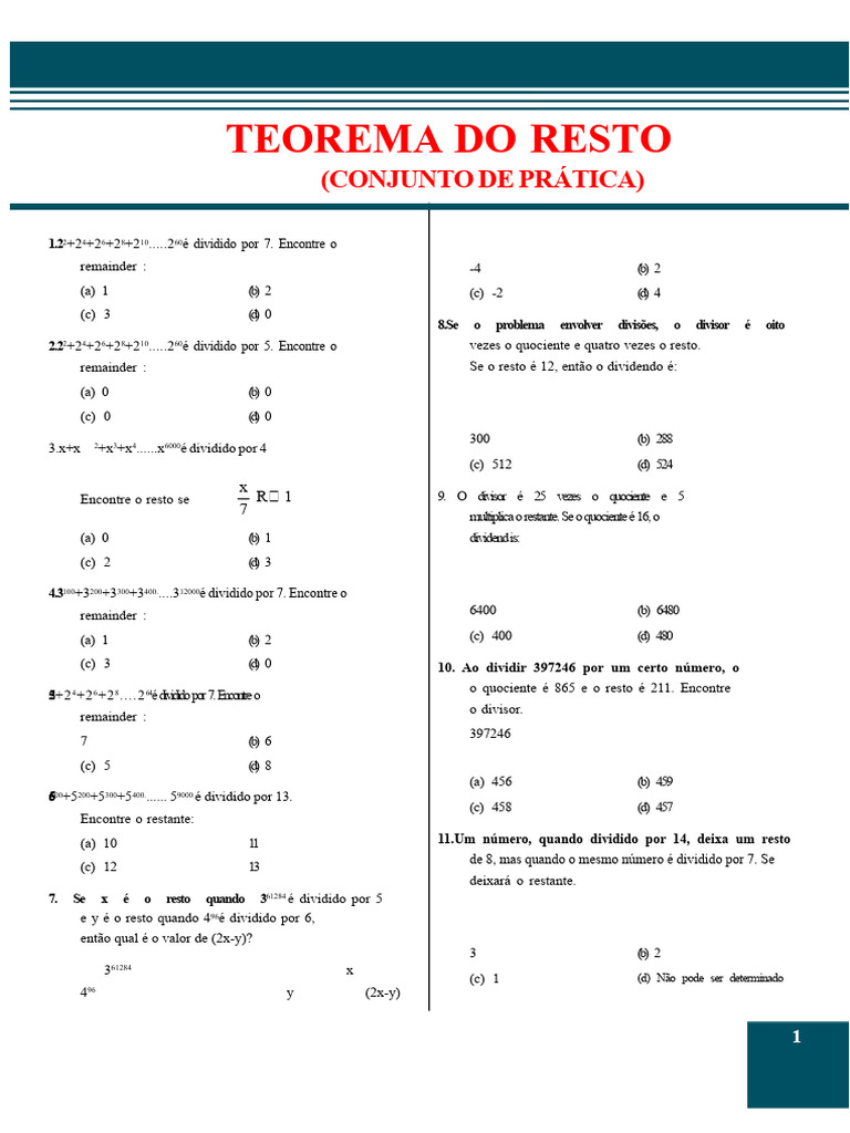 7407Teorema do Resto | PDF | Divisão (Matemática) | Matemática