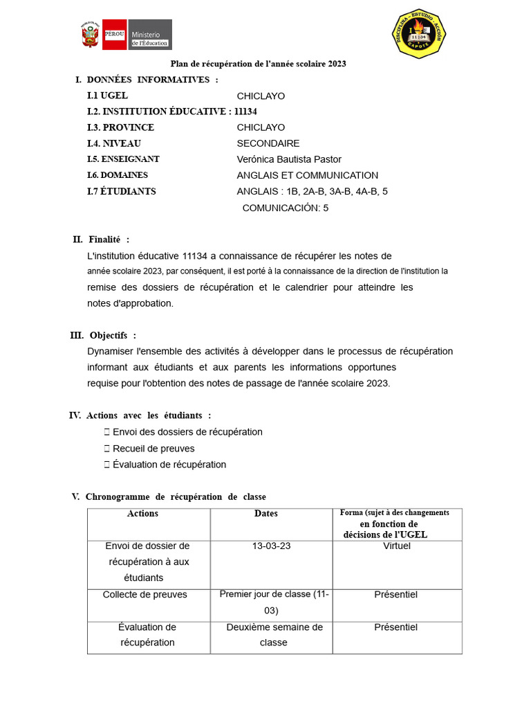 Récupération Scolaire 2023 à Chiclayo | PDF