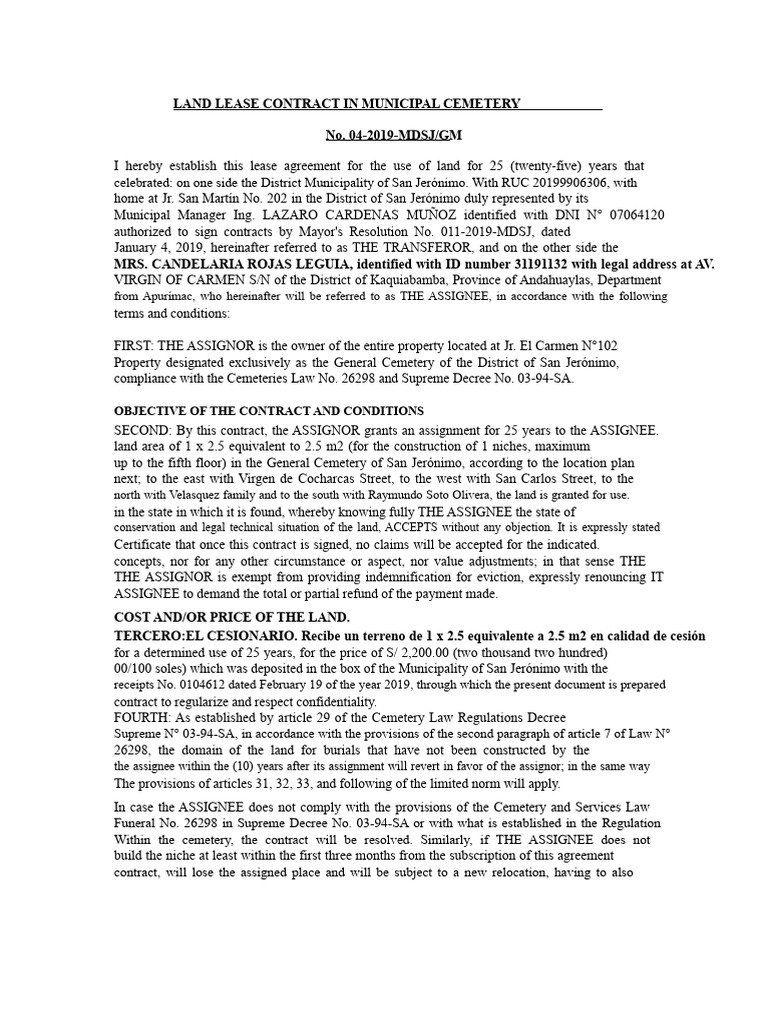 Land Lease Agreement for Cemetery Use | PDF | Assignment (Law ...